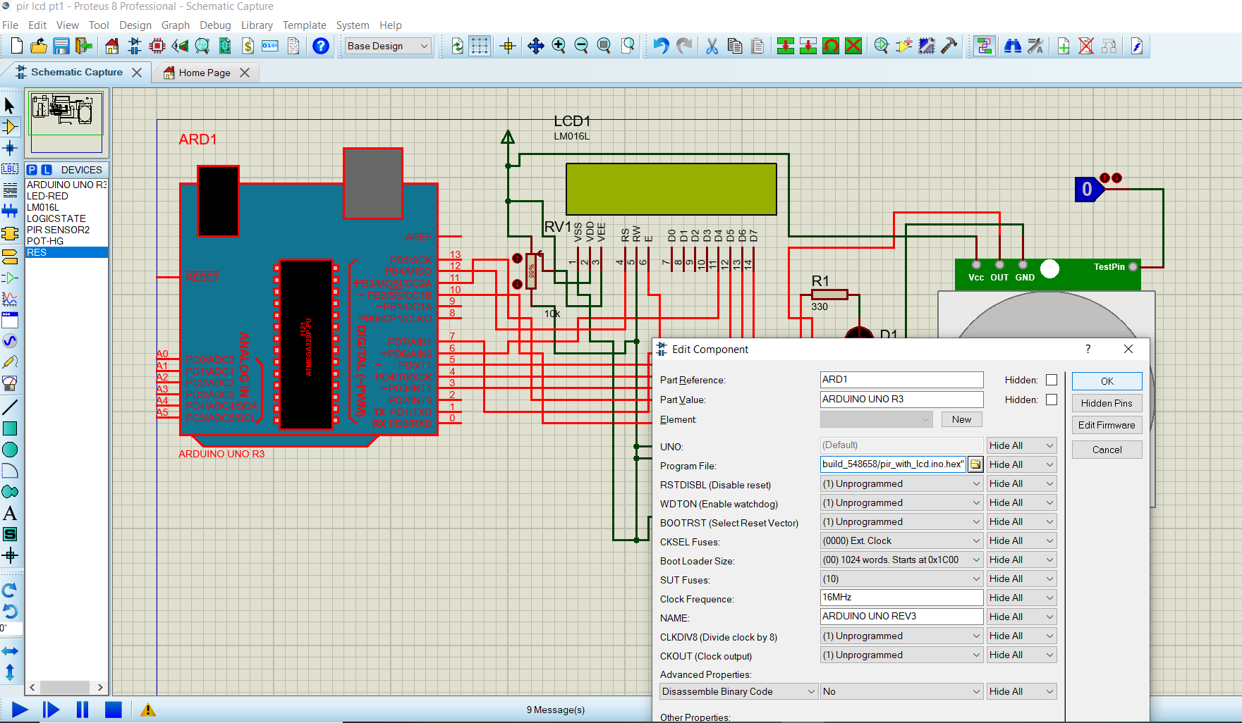 PIR Motion Sensor with LCD and Arduino Board in Proteus